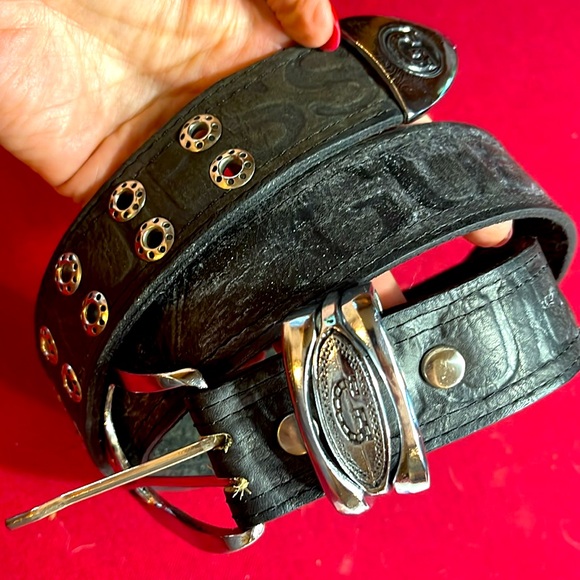Guess | Accessories | Guess Logo Embossed Black Leather Western Belt ...